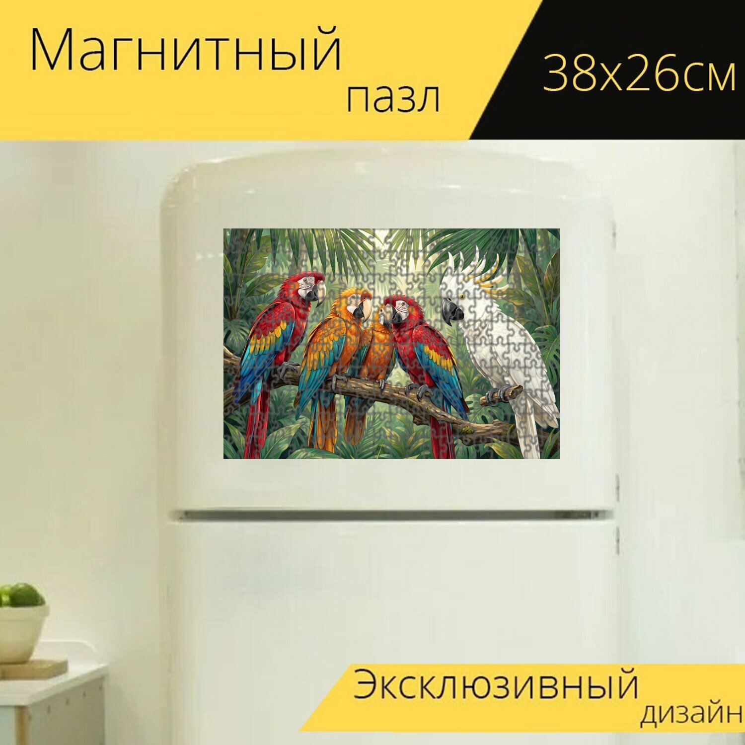 Магнитный пазл "Яркие попугаи в тропических джунглях. Колоритная сцена с разноцветными птицами на ветке среди густой листвы и пальм. Тропический лес, сочные." для интерьера, 38х26 см.
