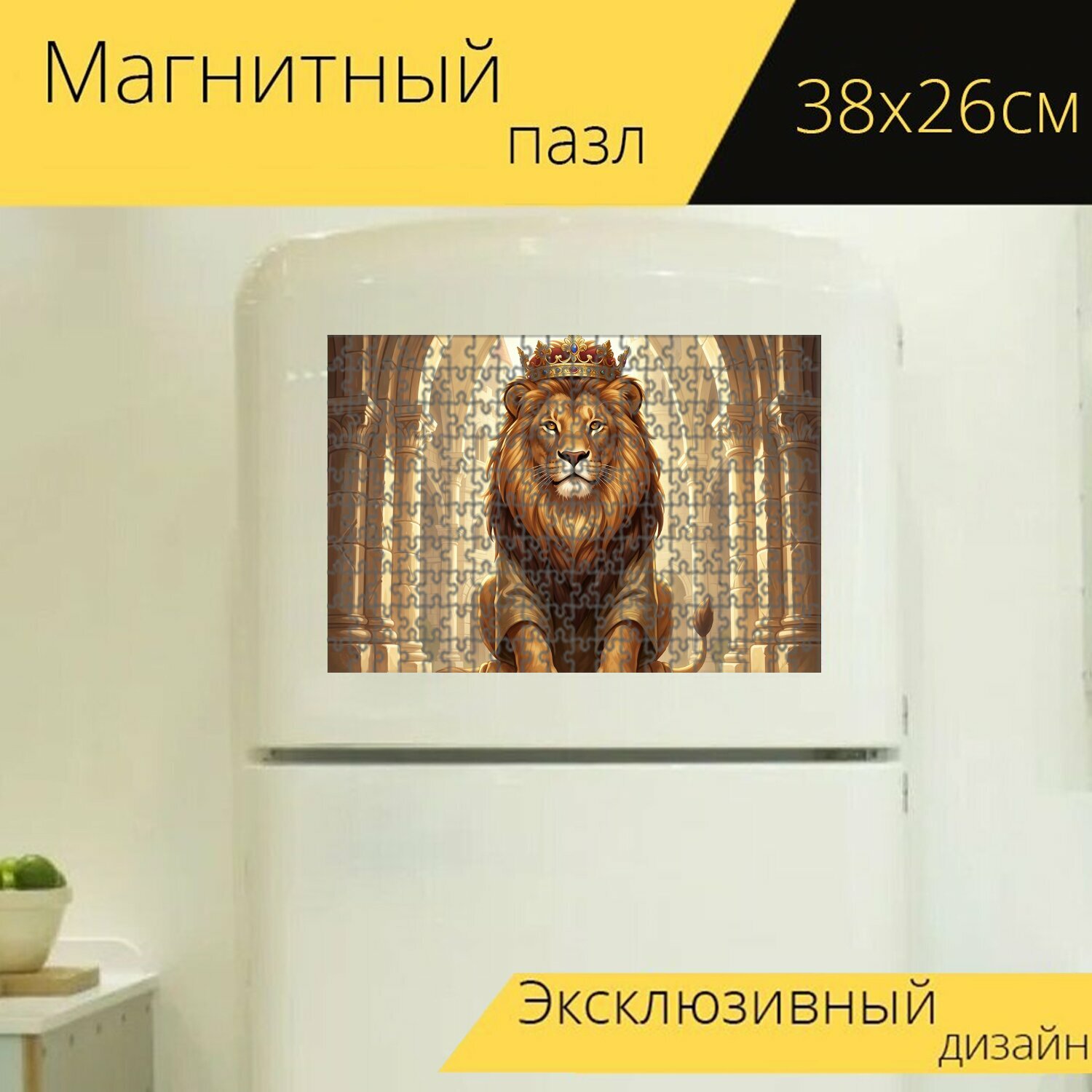 Магнитный пазл "Лев в короне в замке. Величественный зверь на каменной террасе под сводами старинного дворца, в золотистых и бежевых тонах." для интерьера, 38х26 см.