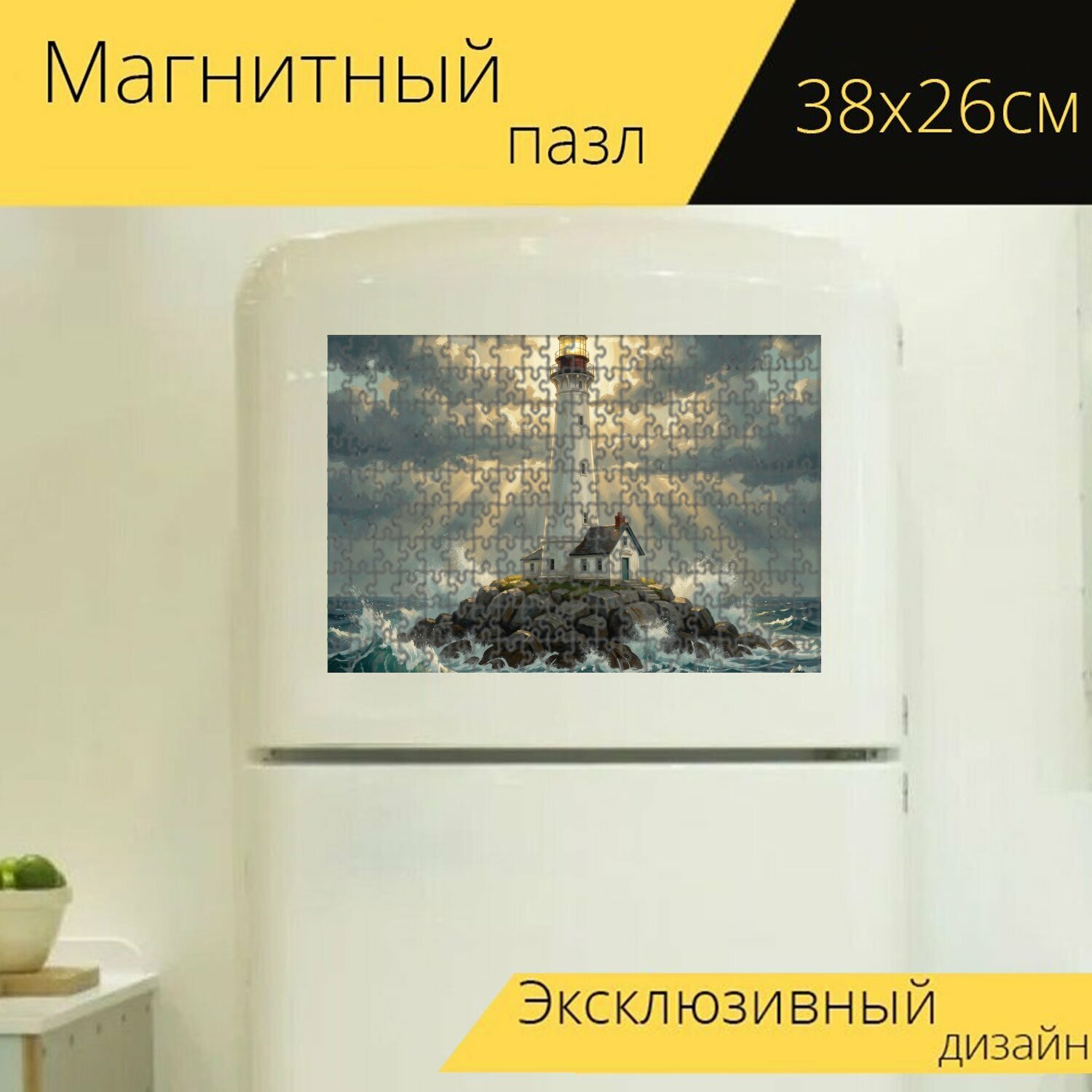 Магнитный пазл "Маяк на скалистом острове. Морской пейзаж с одинокой башней среди волн и камней, драматичное небо, солнечные лучи сквозь тучи, живописный." для интерьера, 38х26 см.