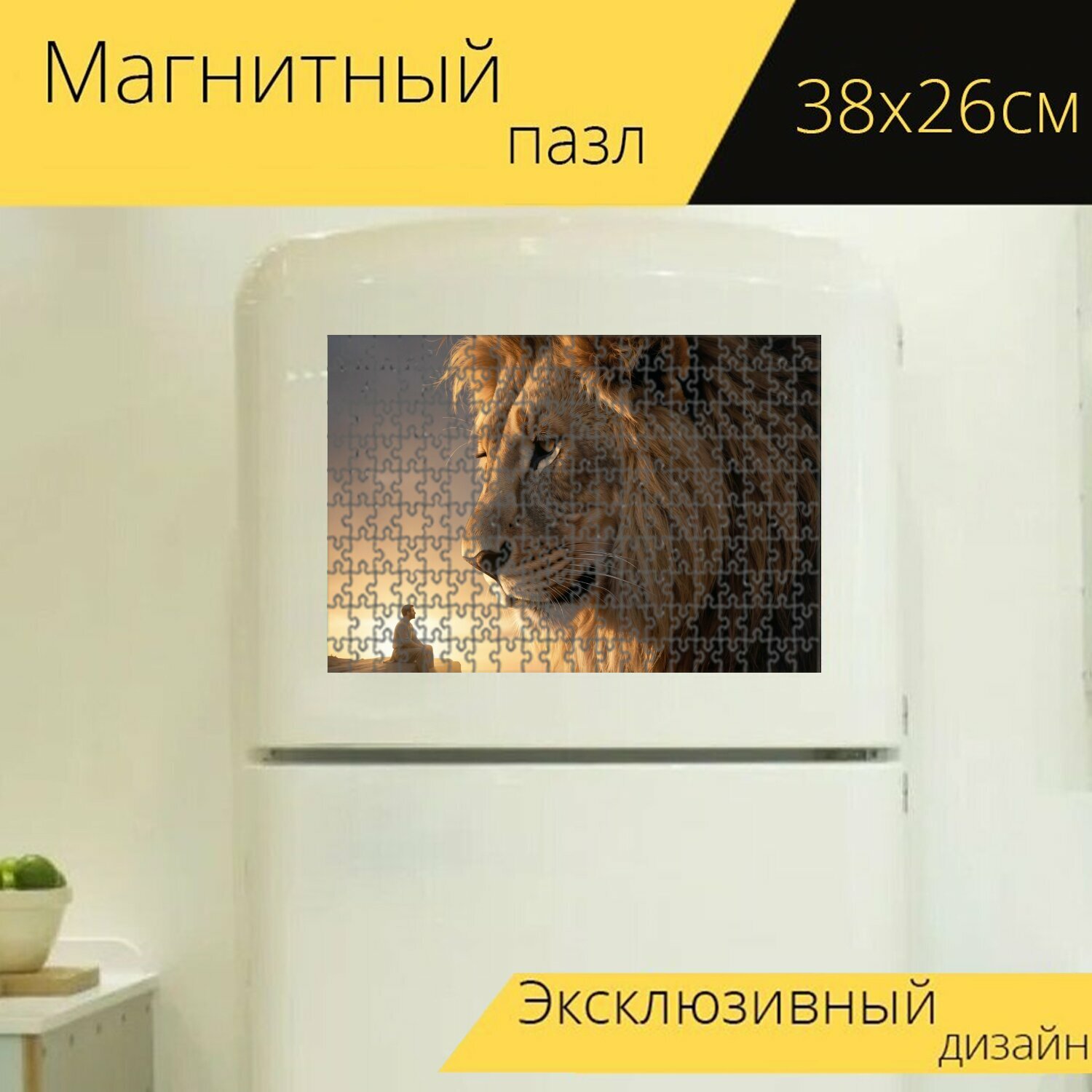 Магнитный пазл "Лев и человек на утесе. Величественный хищник с пышной гривой рядом с сидящим мужчиной на скале, фантазийная цифровая иллюстрация в." для интерьера, 38х26 см.