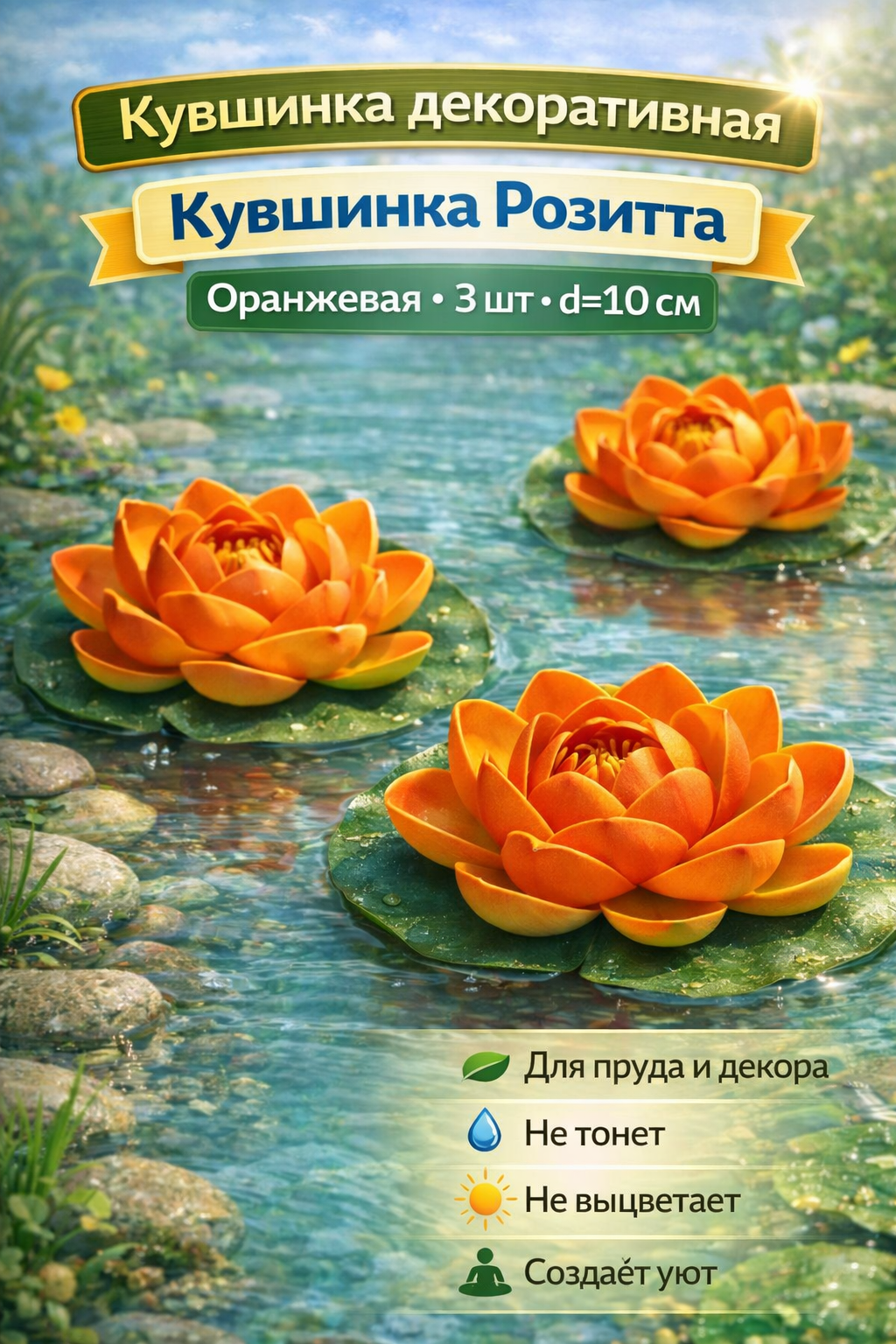 Растение водоплавающее "Кувшинка Розитта" d-10см оранжевая 3шт, для прудов и бассейнов, декор