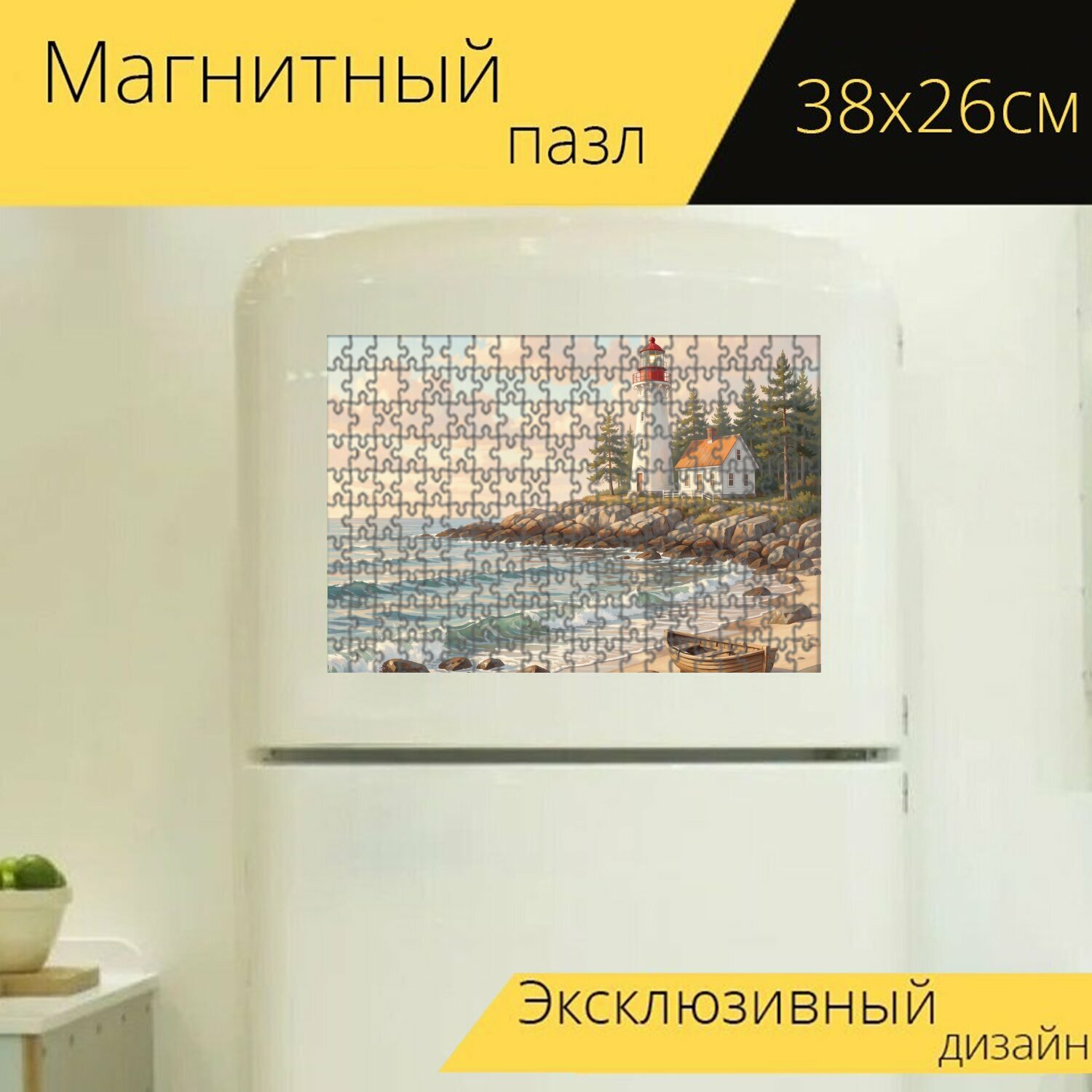 Магнитный пазл "Маяк на морском берегу. Живописный прибрежный пейзаж: башня у белого домика среди сосен, лодка на песке, скалы, волны и облачное небо в." для интерьера, 38х26 см.