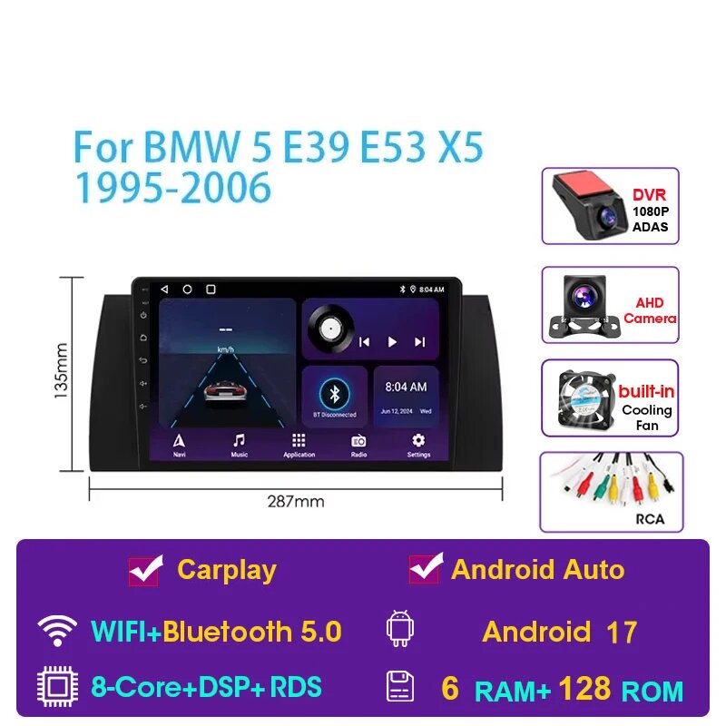 Автомагнитола Android 17 CarPlay Android Auto BMW 5 E39 E53 X5 1995-2006, 6/128