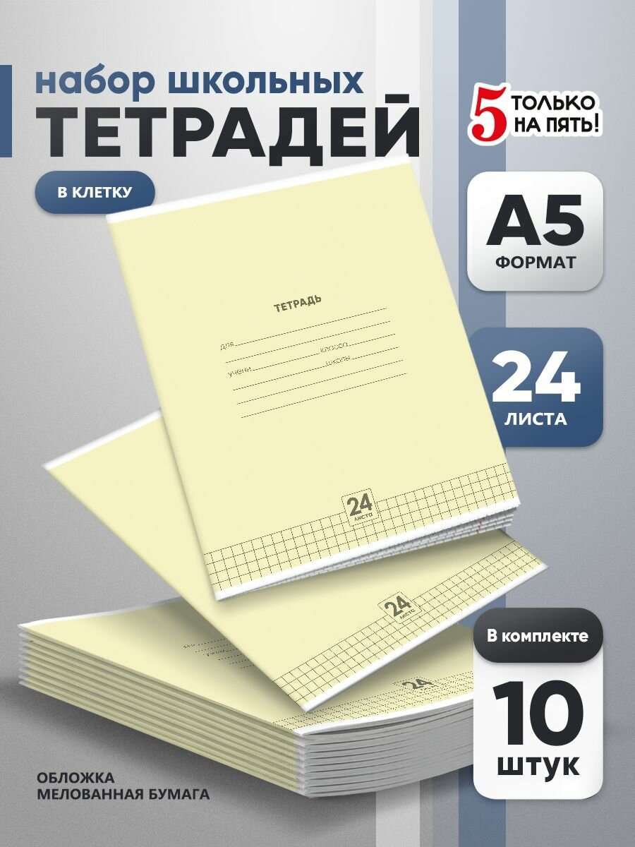 Тетрадь 24 листа в клетку 10 шт, серые листы