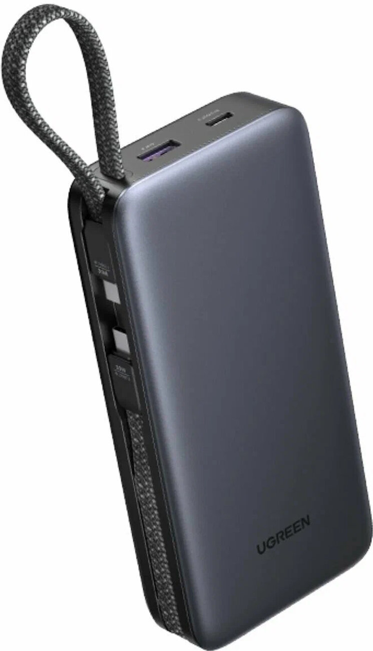 Внешний аккумулятор со встроенным кабелем UGREEN PB528 (55985B) 30W Power Bank 20000mAh with Built-in Cable. серый