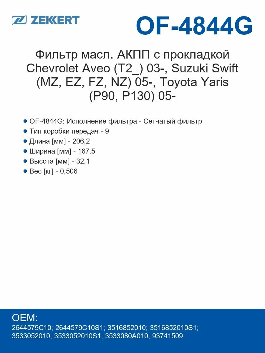 Zekkert Фильтр масляный АКПП c прокладкой Chevrolet Aveo (T2_) 03-, Suzuki Swift (MZ, EZ, FZ, NZ) 05-, Toyota Yaris (P90, P130) 05-