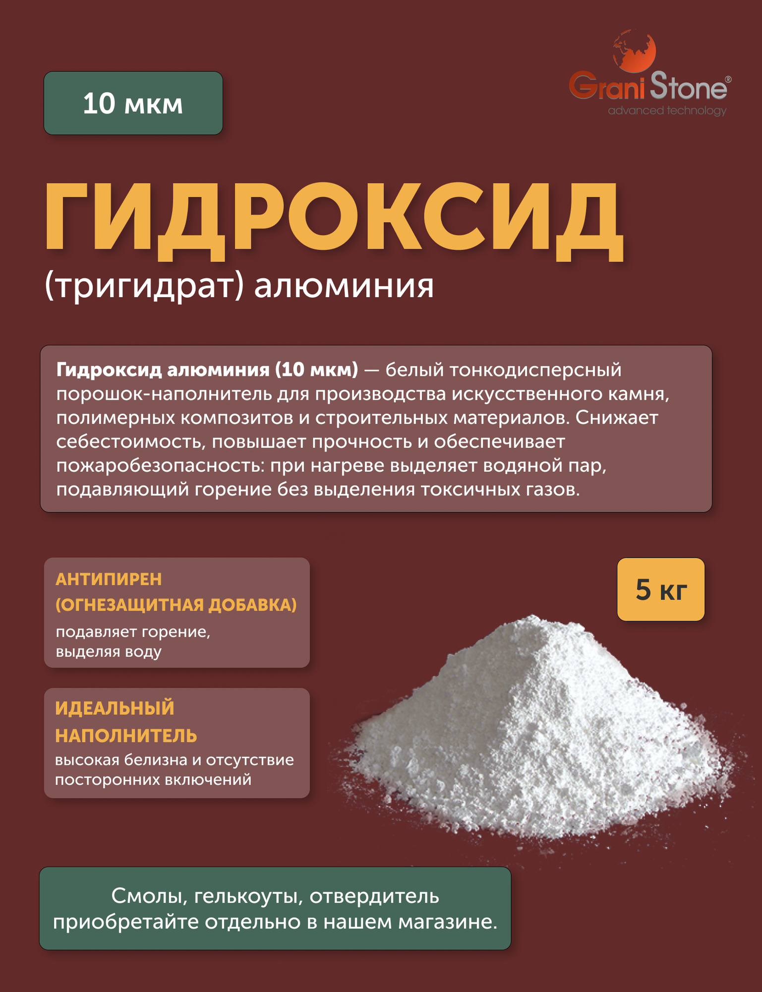 Гидроксид алюминия Al(OH)3, наполнитель антипирен для смолы, искусственного камня, белый порошок 10 мкм