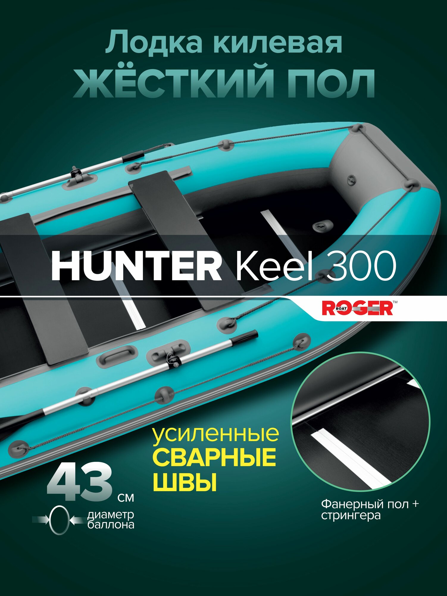 Лодка ПВХ под мотор ROGER Hunter Keel 300, надувная для рыбалки с жестким дном (бирюзовый-серый)
