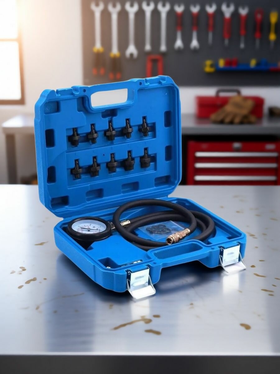 Тестер давления масла двигателя Car-Tool CT-1004, с адаптером, манометр, синий