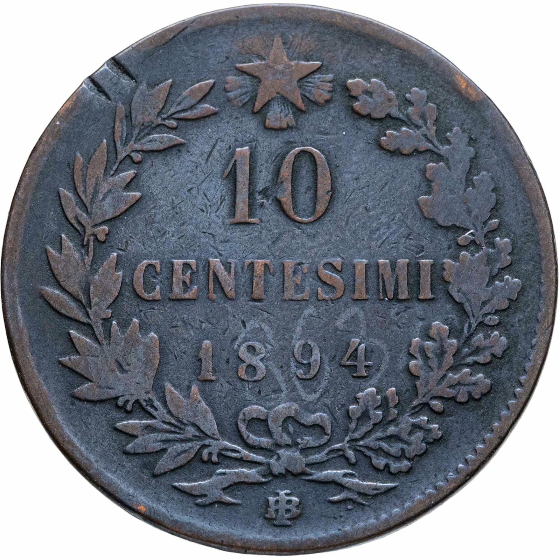 Италия 10 чентезимо centesimi 1894 Знак монетного двора "BI" - Бирмингем, Медь, в сохранности VF