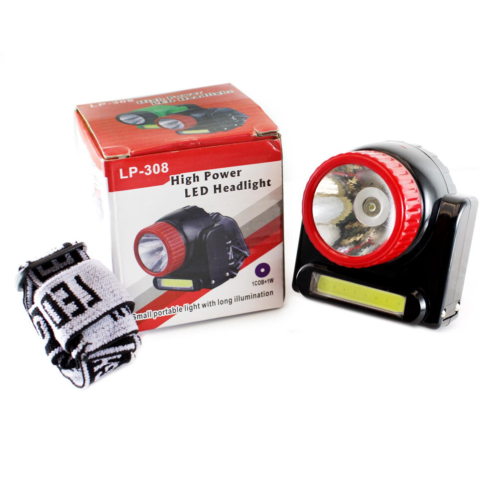 Фонарь налобный аккумуляторный ATA LP-308 1COB+1W LED, зарядка 220В