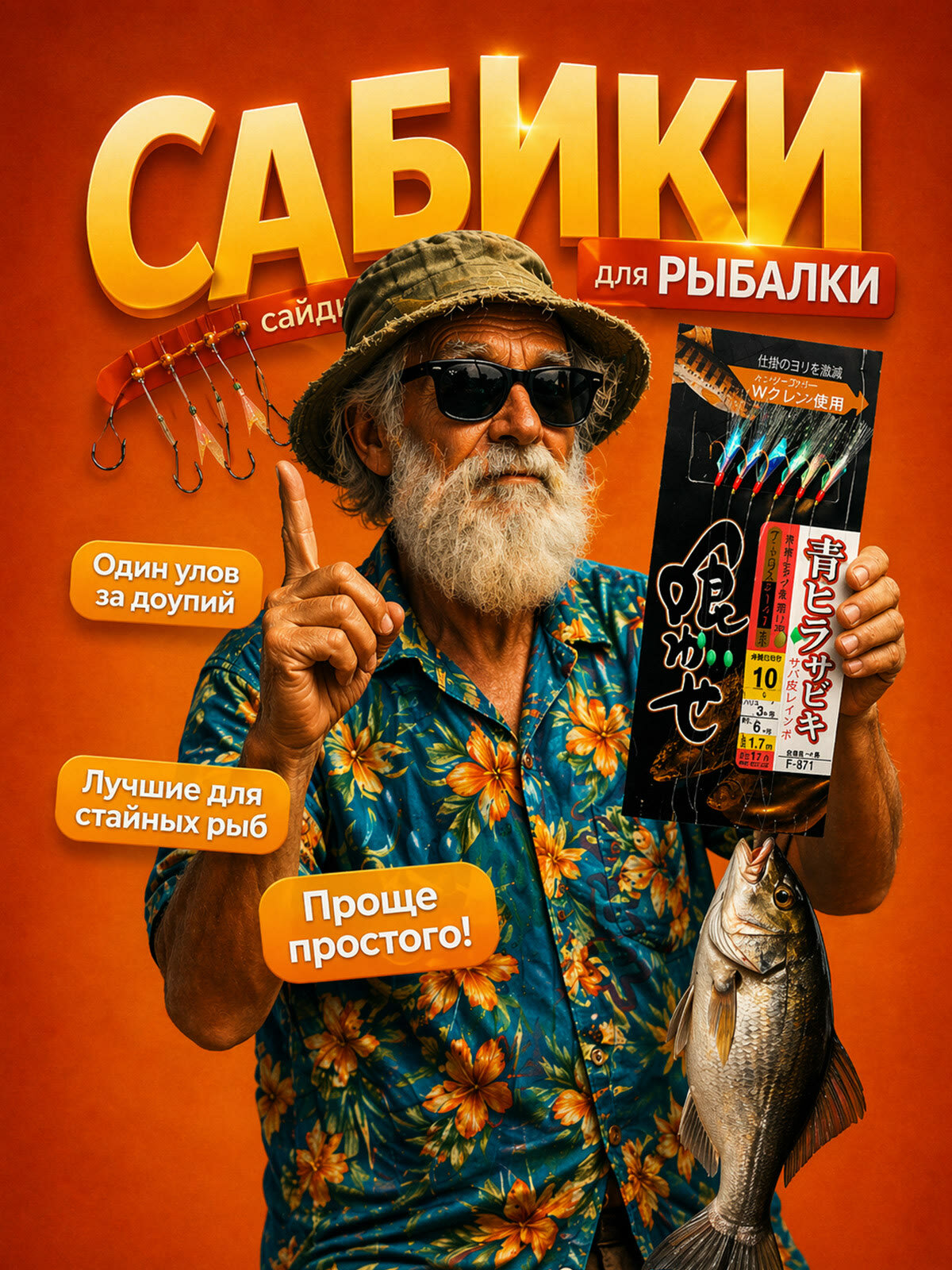 Рыболовный самодур (сабики) флуоресцентный №10, 1,7 м, 6 крючков, поводки 6 см