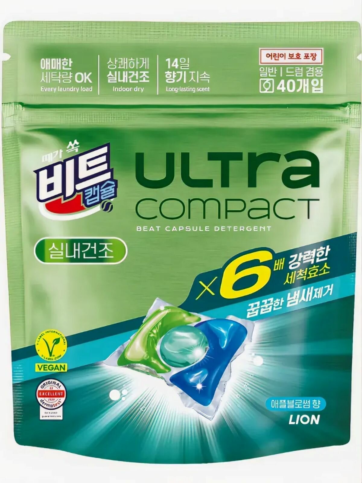 Жидкое средство Lion Korea для стирки, Ultra Compact Indoor Drying, Яблоня, суперферменты х6, капсулы, 8г х 40шт