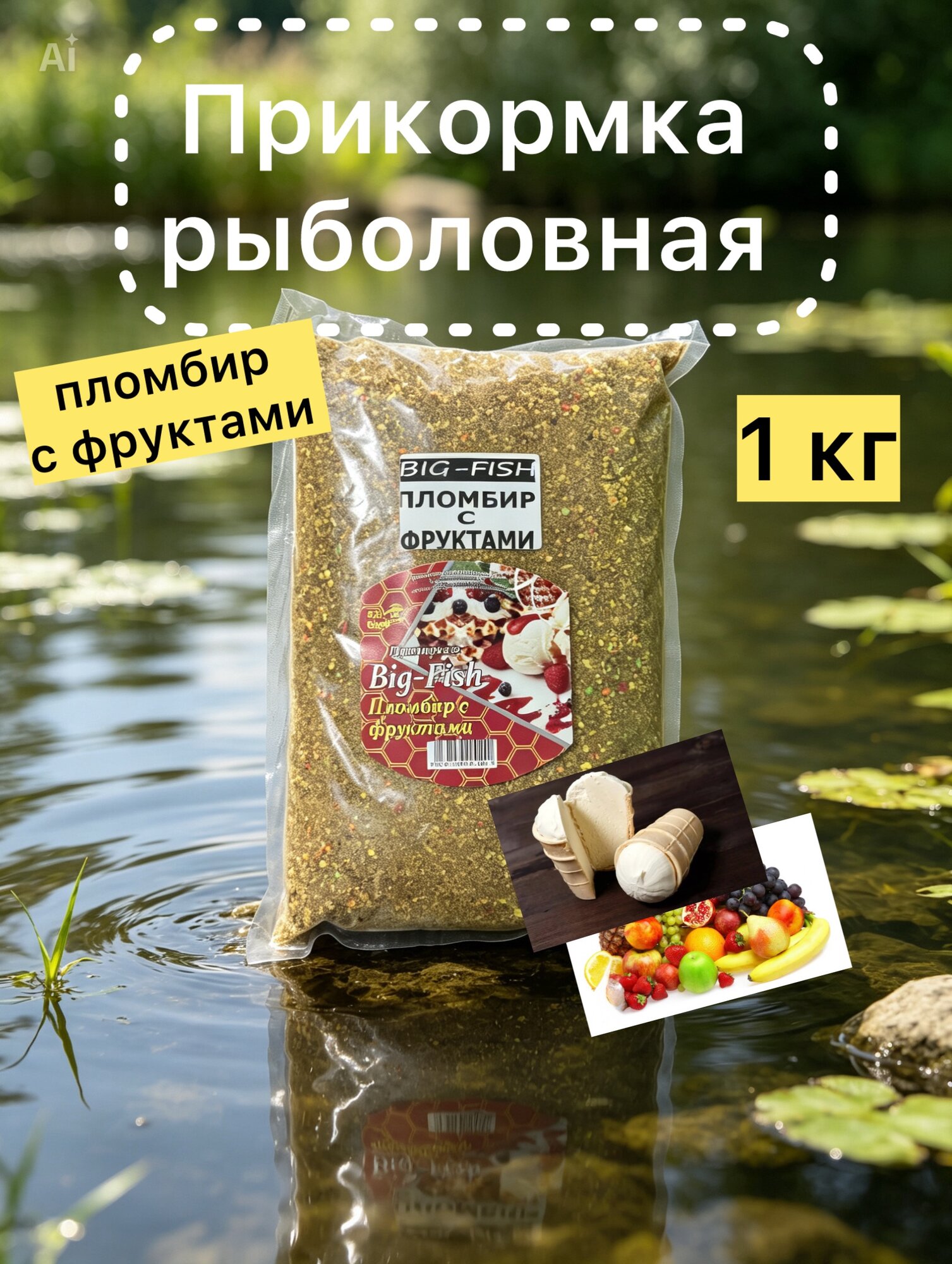Прикормка рыболовная «Пломбир с фруктами». 1 кг. Пылящая, разная фракция
