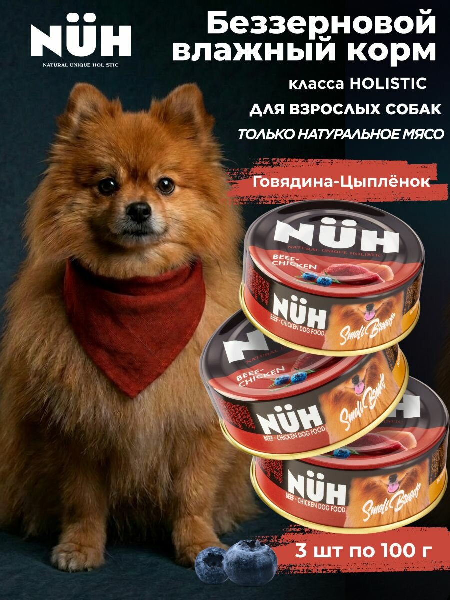 Беззерновой влажный корм холистик для взрослых собак мелких пород. Говядина и цыплёнок. 100 гр. NUH ключ Набор 3 шт.