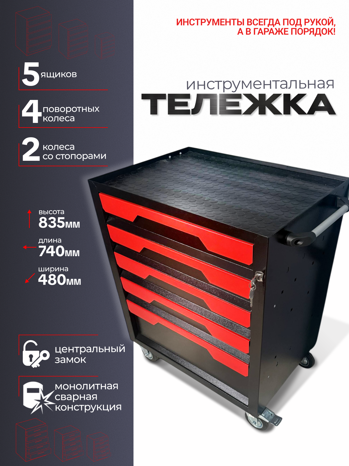 Тележка для инструментов, металлическая, с замком, с 5 выдвижными ящиками, красная