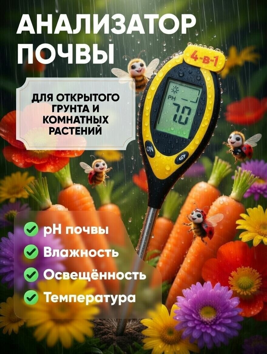 Измеритель влажности, кислотности, освещенности, температуры почвы 4 в 1