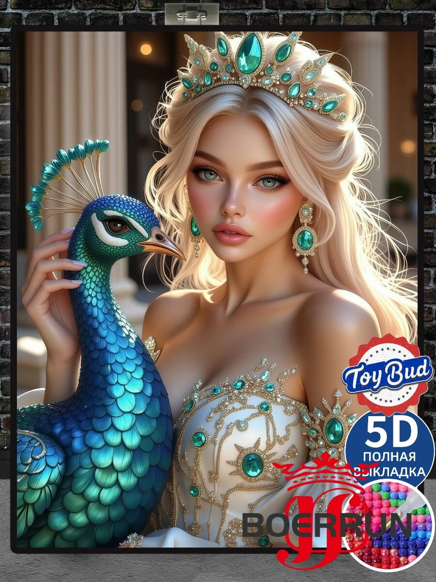 Toy Bud Алмазная мозаика "Красавица и павлин" / Алмазная вышивка / Круглая картина стразами Полная выкладка 40х50CM(без подрамника, без рамки)