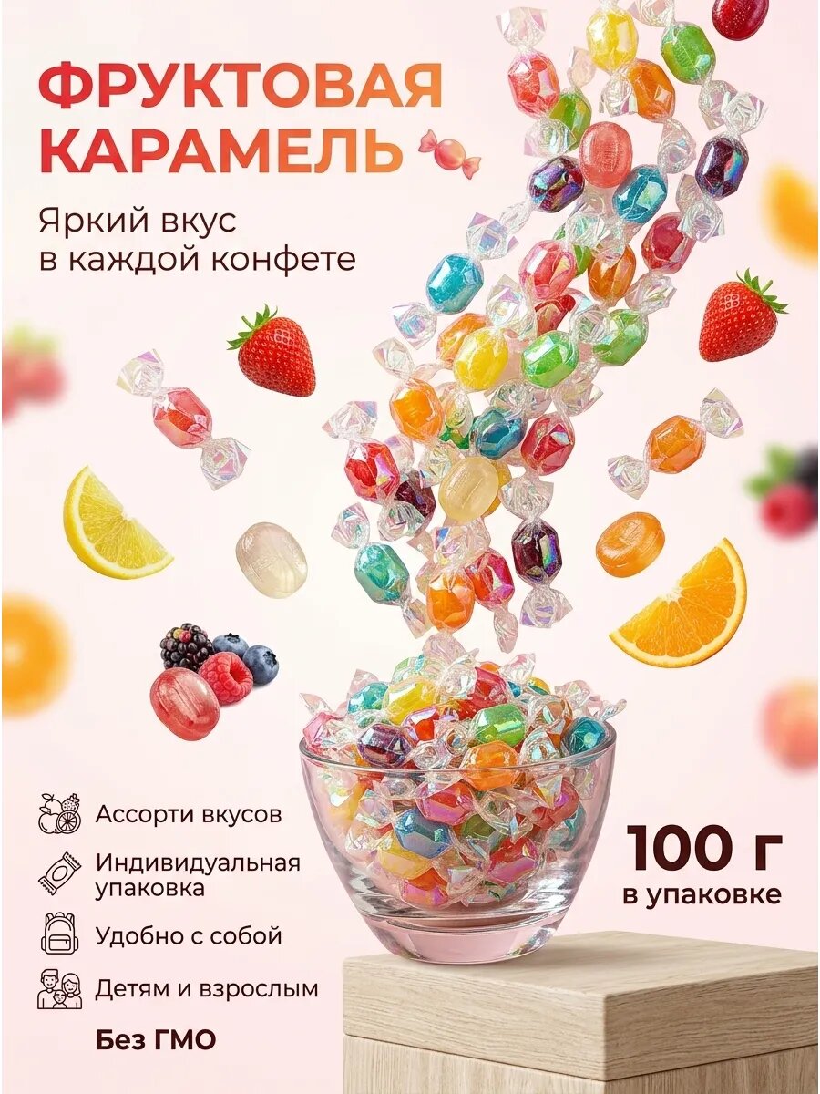 Конфеты леденцовые карамель фруктовая 100 гр