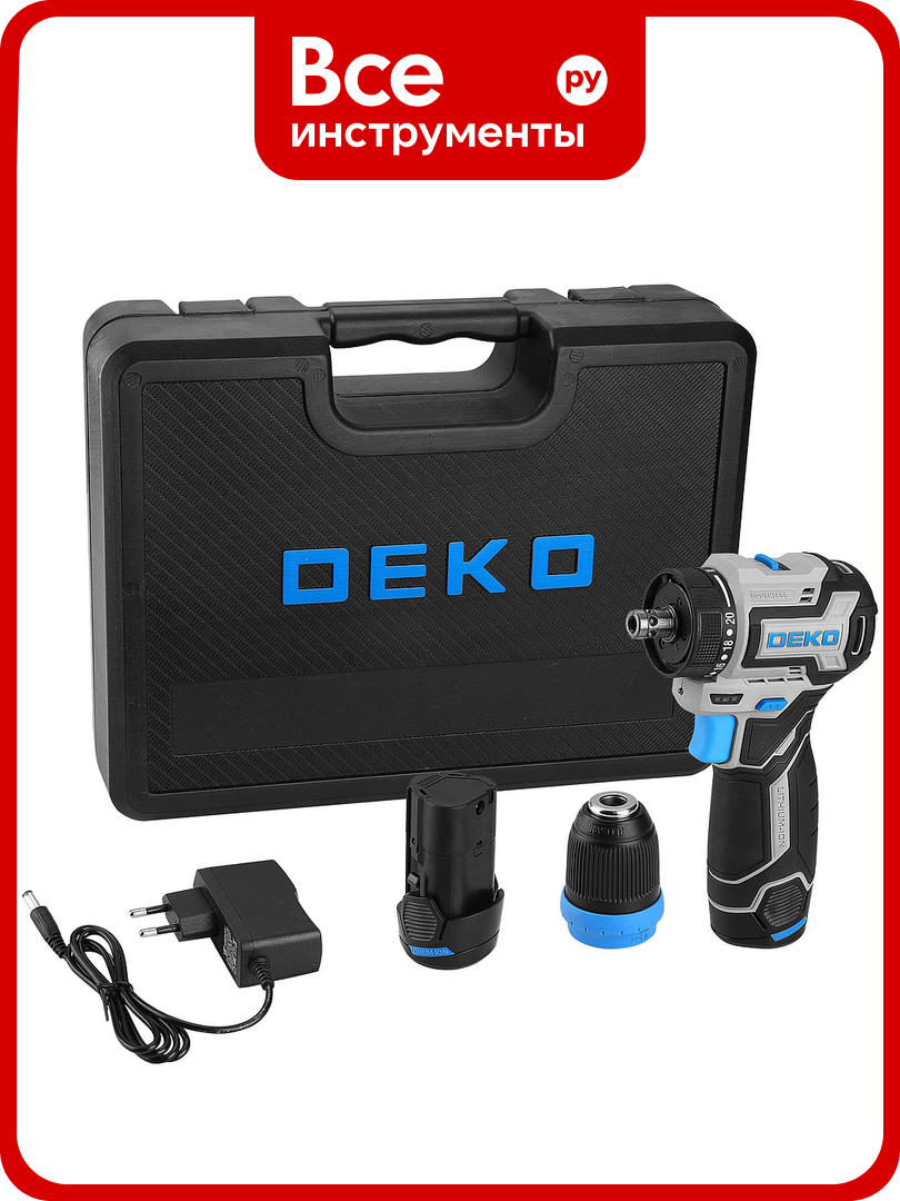 Дрель-шуруповерт аккумуляторная бесщеточная компактная DEKO Loner 12V PRO в кейсе со съёмным патроном, 12В, 2x3.0Ач 085-1122