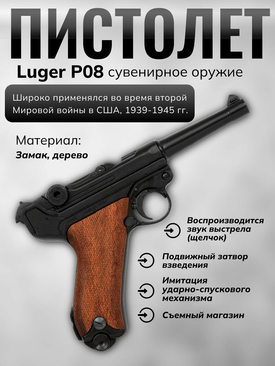 Макет пистолета Parabellum Luger P08 DENIX с деревянной рукояткой