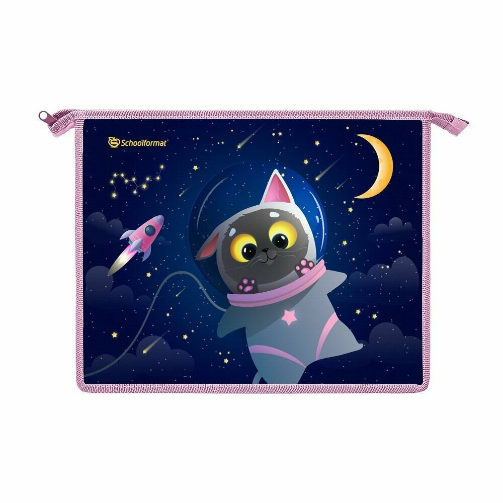 Папка для тетрадей 1 отделение А5 Schoolformat SPACE CAT синяя, молния сверху, картон, полиэстер, для девочек