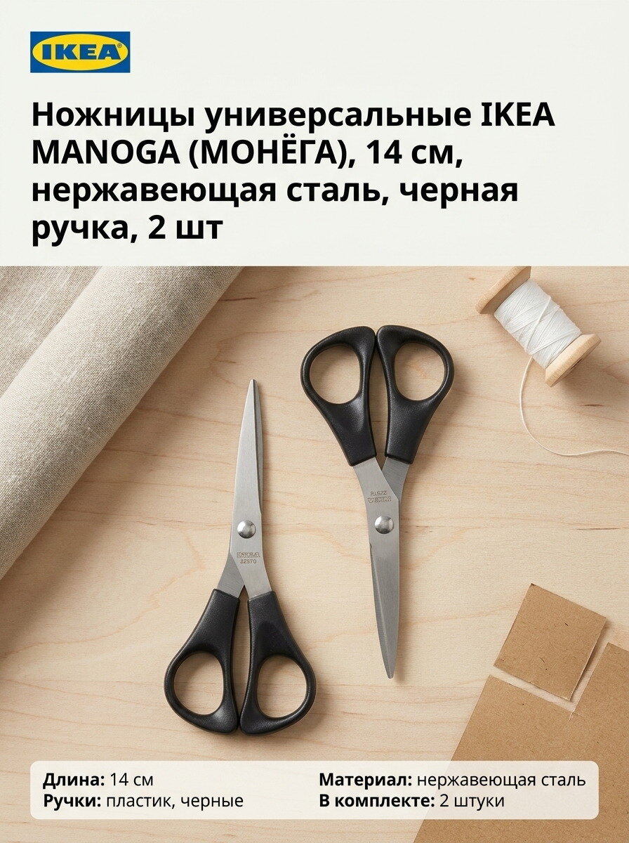 Ножницы универсальные IKEA MANOGA (монёга), 14 см, нержавеющая сталь, черная ручка, 2 шт