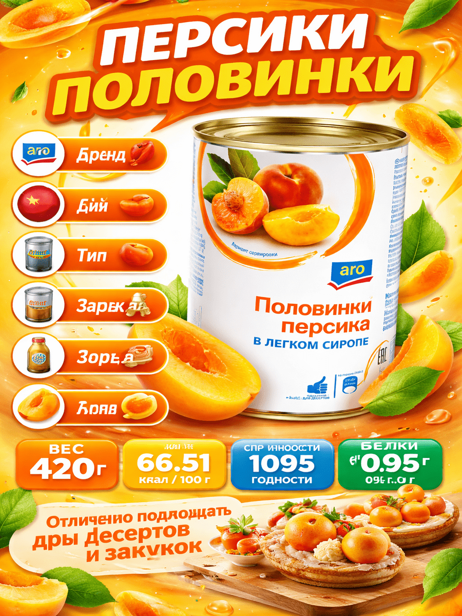 Aro Персики половинки в легком сиропе, 420г