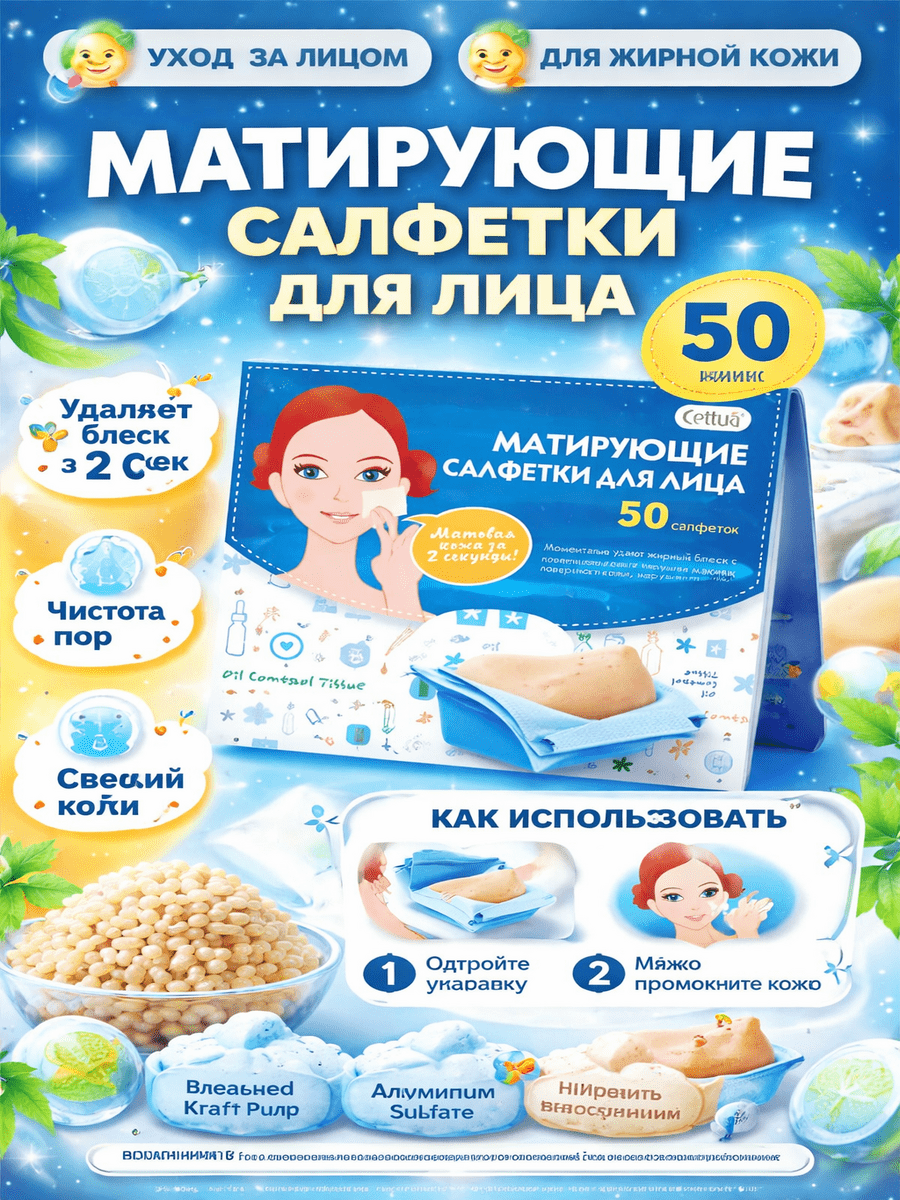 Салфетки матирующие Cettua для лица, 50 листов