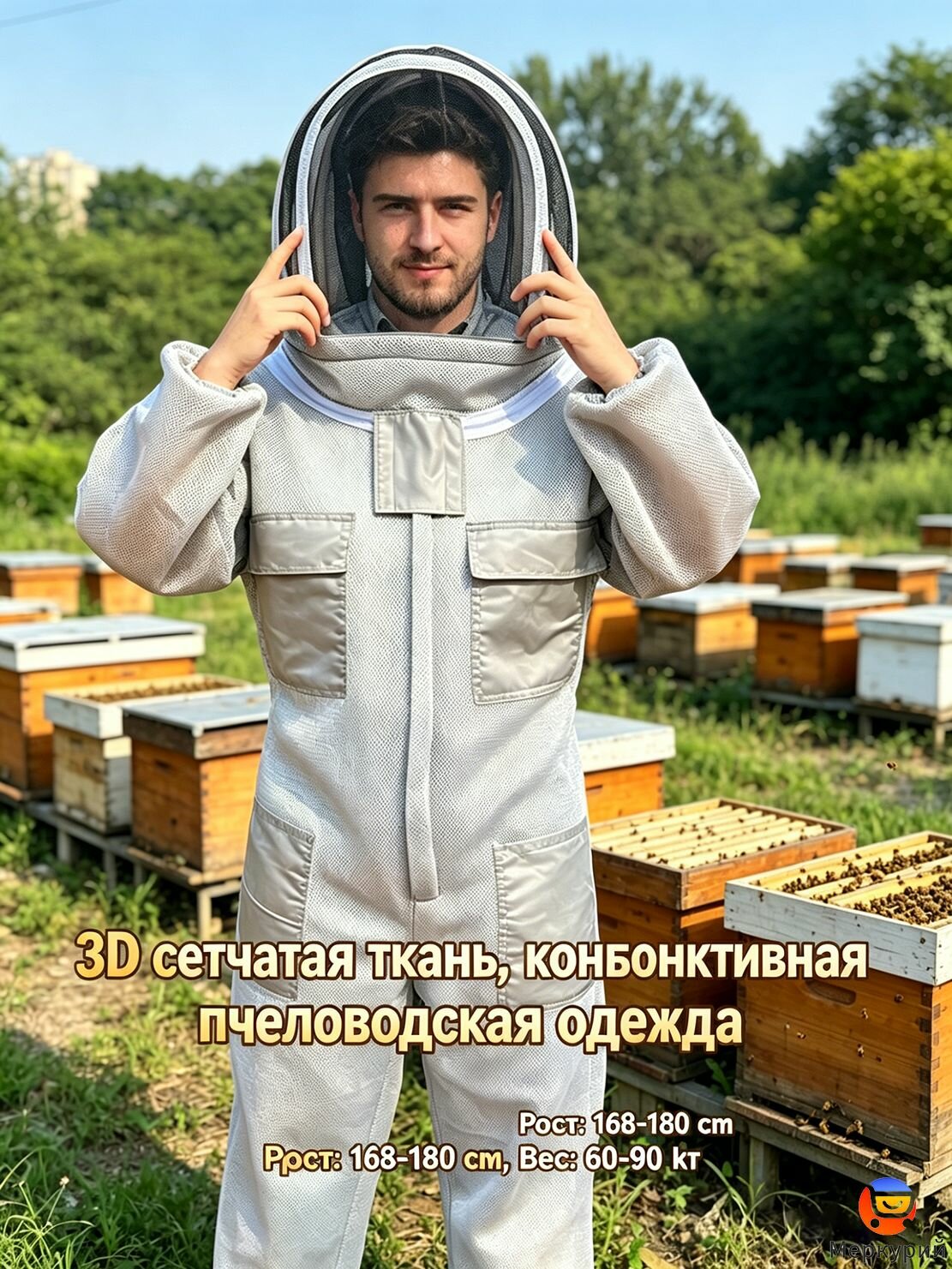 Костюм пчеловода защитный с сеткой против укусов воздухопроницаемый Подходит для роста 168-180 см