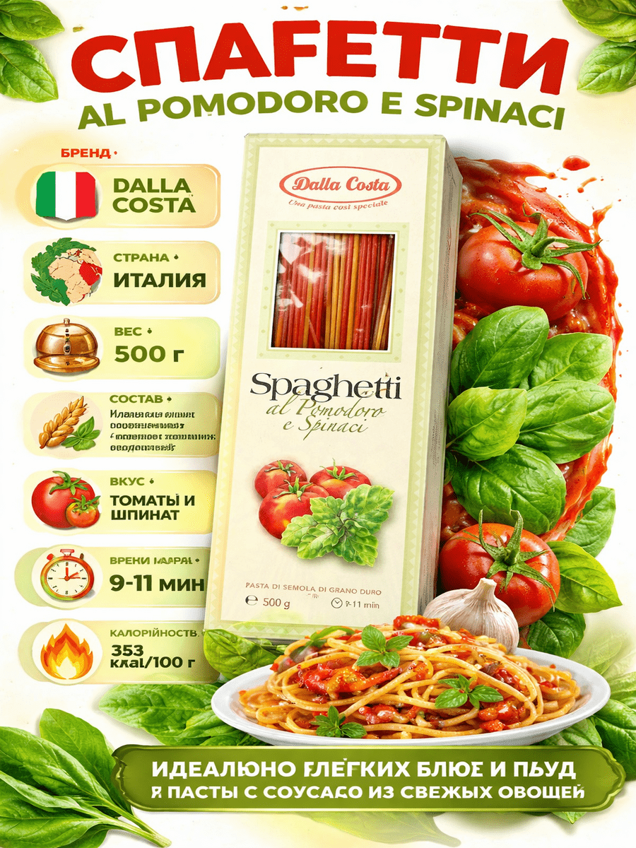Макароны спагетти Dalla Costa Spaghetti Al Pomodoro E Spinaci с томатами и шпинатом, 500г