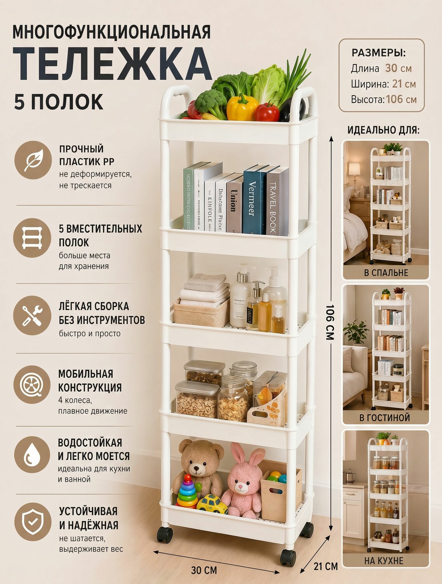 Этажерка, 5 секц, Пластик, 30х21х106 см