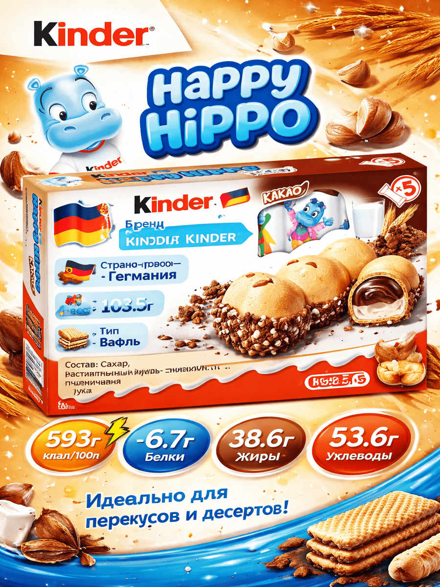 Вафли Kinder Happy Hippo с какао, 103.5г