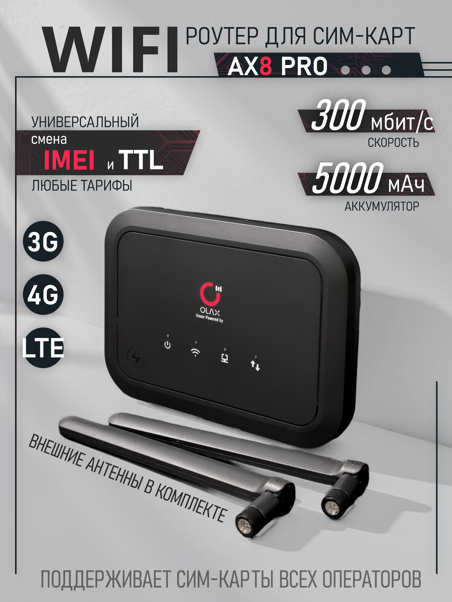 WiFi роутер OLAX AX8 4G черный 5000 мАч IMEI TTL любая сим и тариф, 32 устройства, 300 Мбит/с