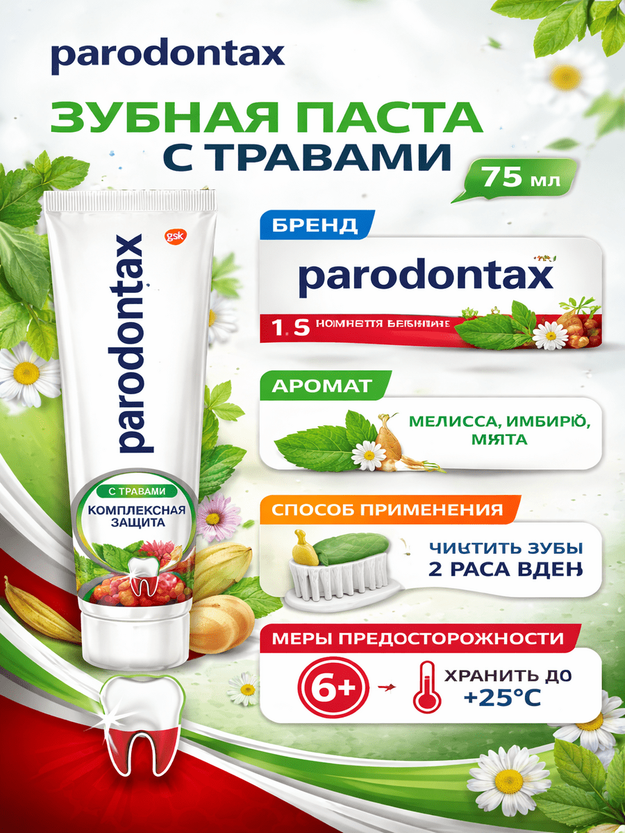 Зубная паста Parodontax Комплексная защита с травами от воспаления и кровоточивости десен с фтором, 75мл