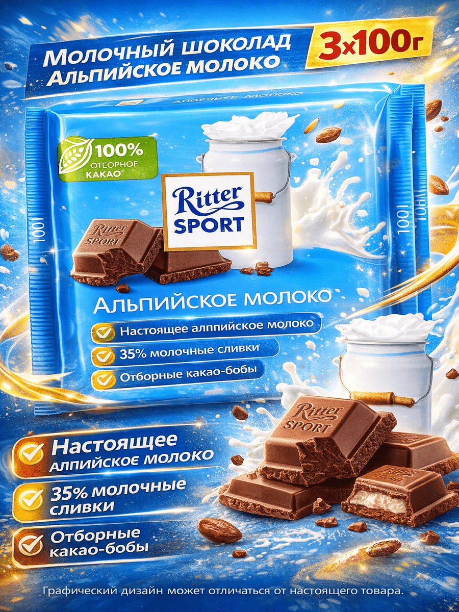 RITTER SPORT Молочный шоколад «Альпийское молоко», 100 г x 3 упаковки