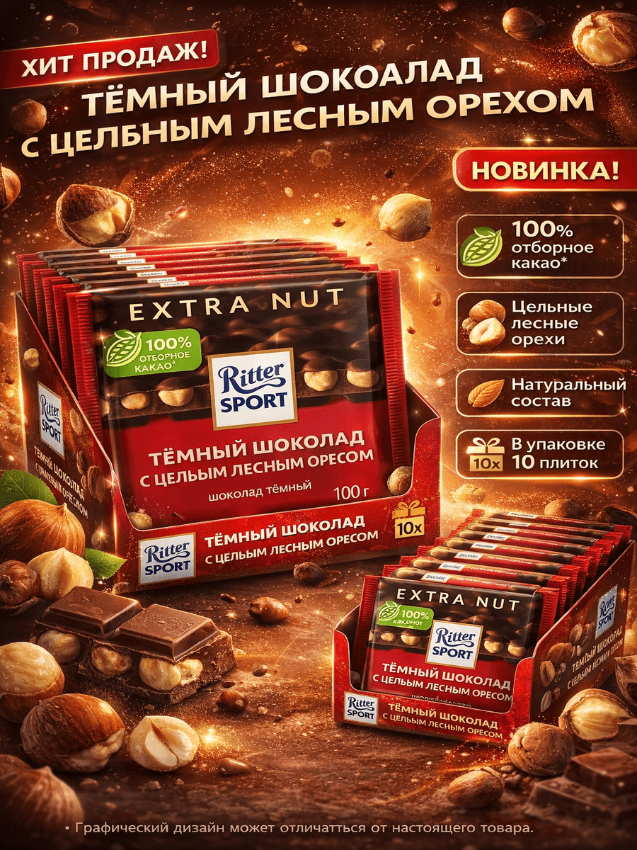 RITTER SPORT Темный шоколад с цельным лесным орехом, 100 г x 10 упаковки