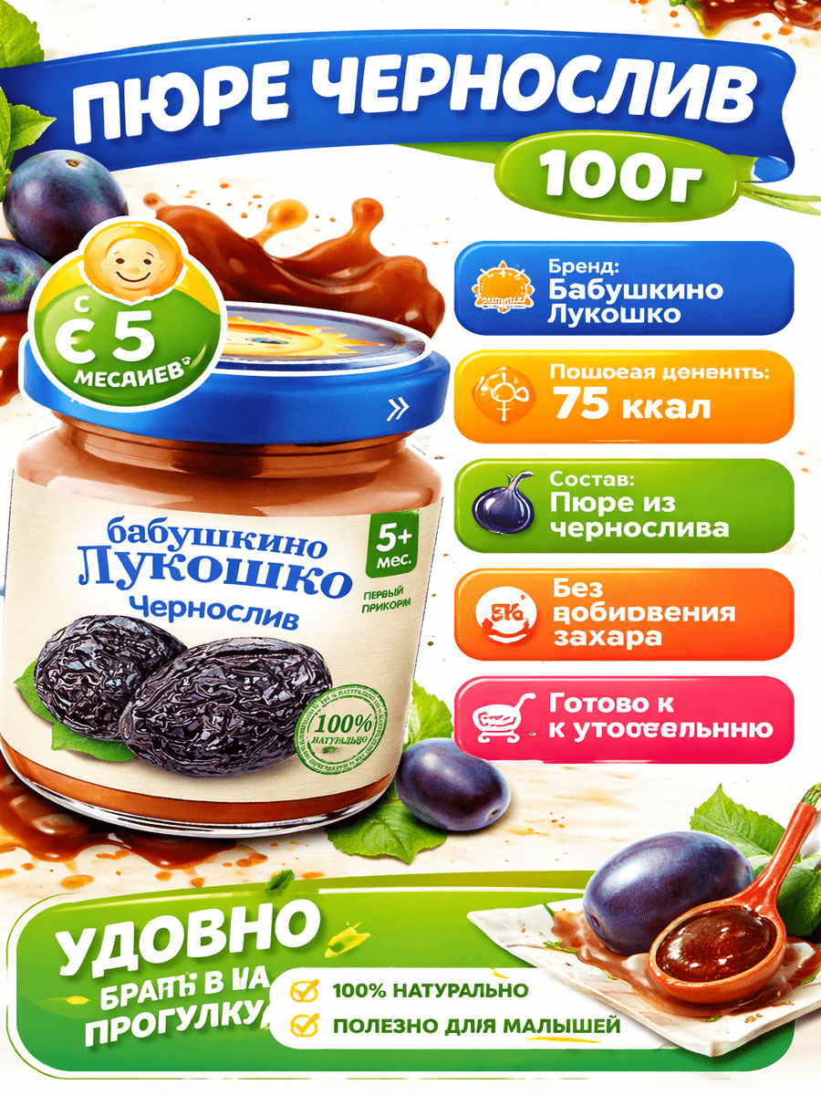 Пюре фруктовое детское Бабушкино Лукошко Чернослив с 5 месяцев, 100г