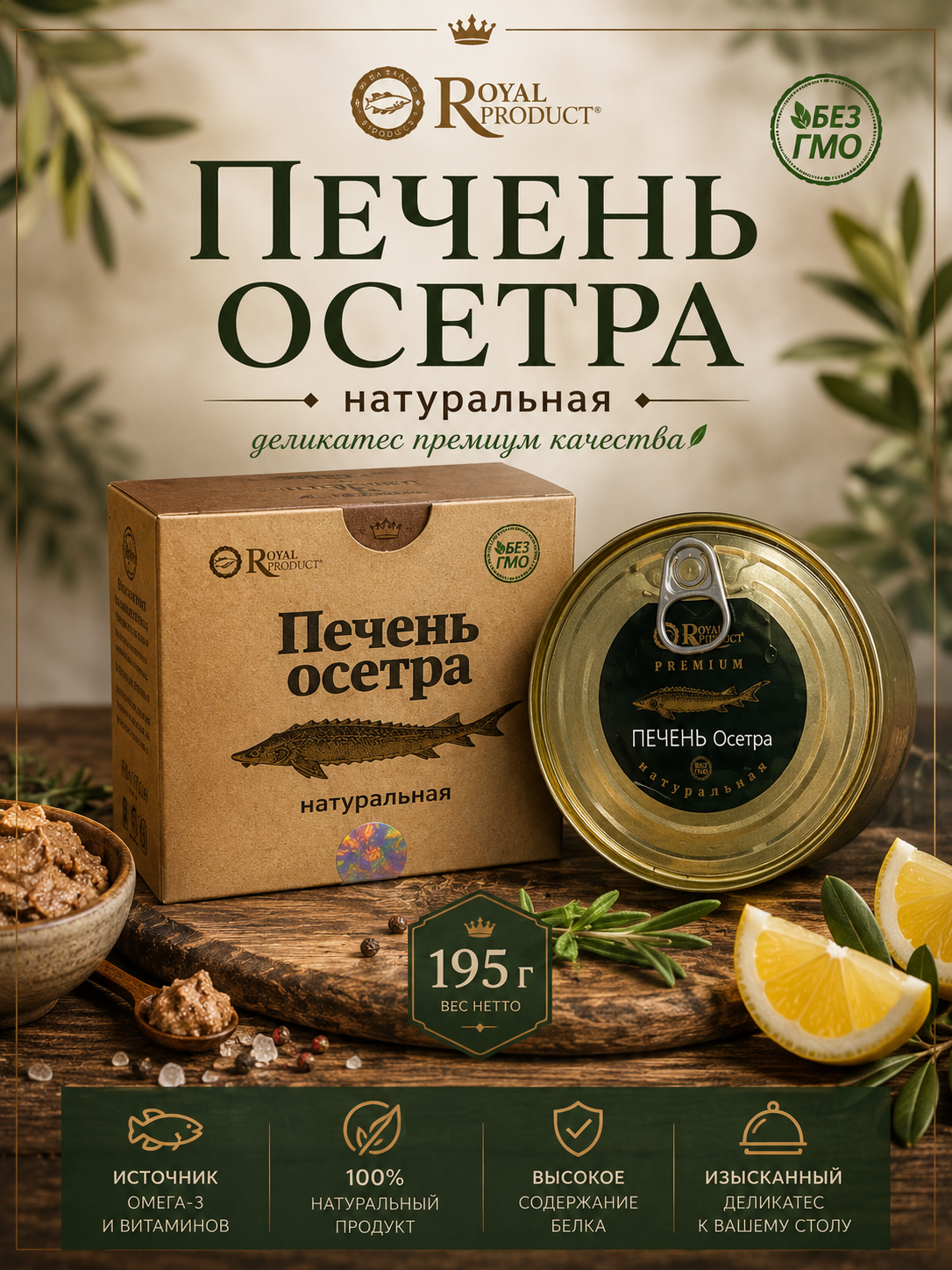 Печень осетра натуральная в оливковом масле, 195 г, Sevani Ribzavod