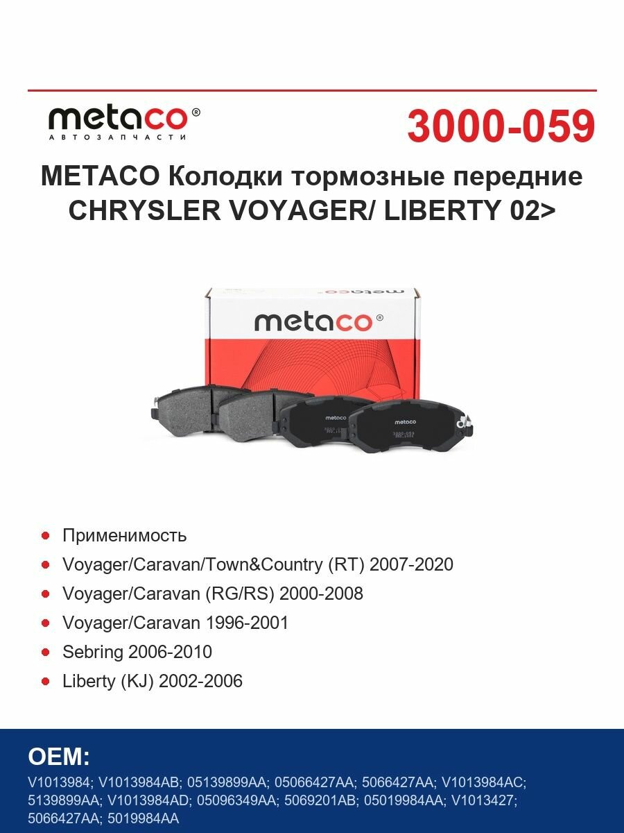 METACO Колодки тормозные передние CHRYSLER VOYAGER/ LIBERTY 02>