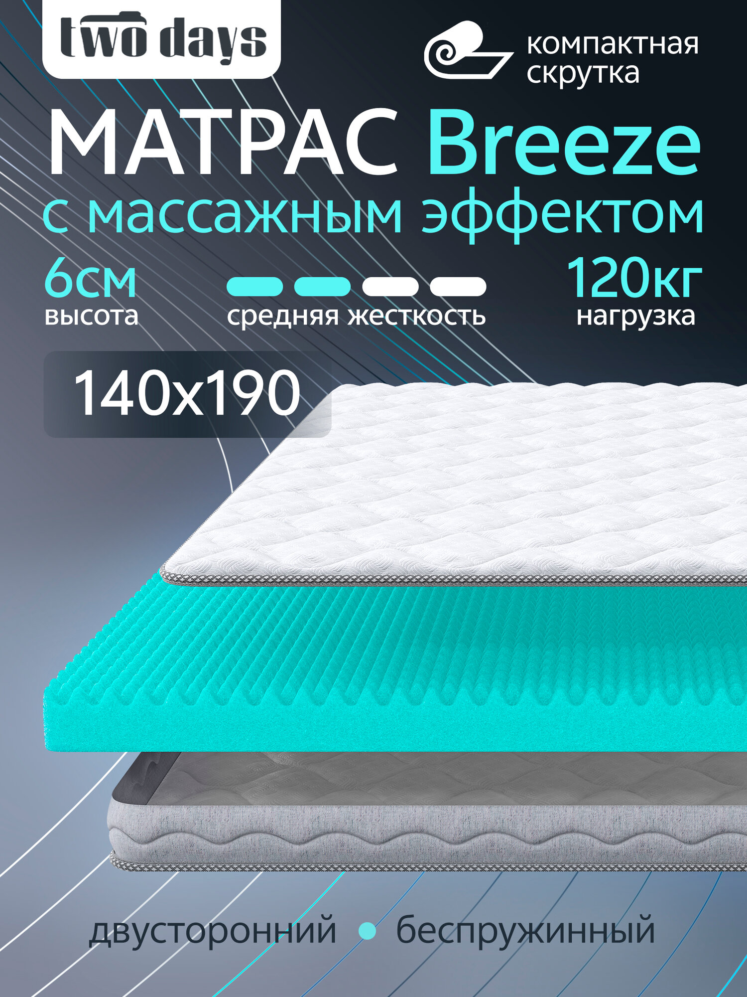 Топпер матрас 140х190 ортопедический на диван двусторонний с резинками Breeze