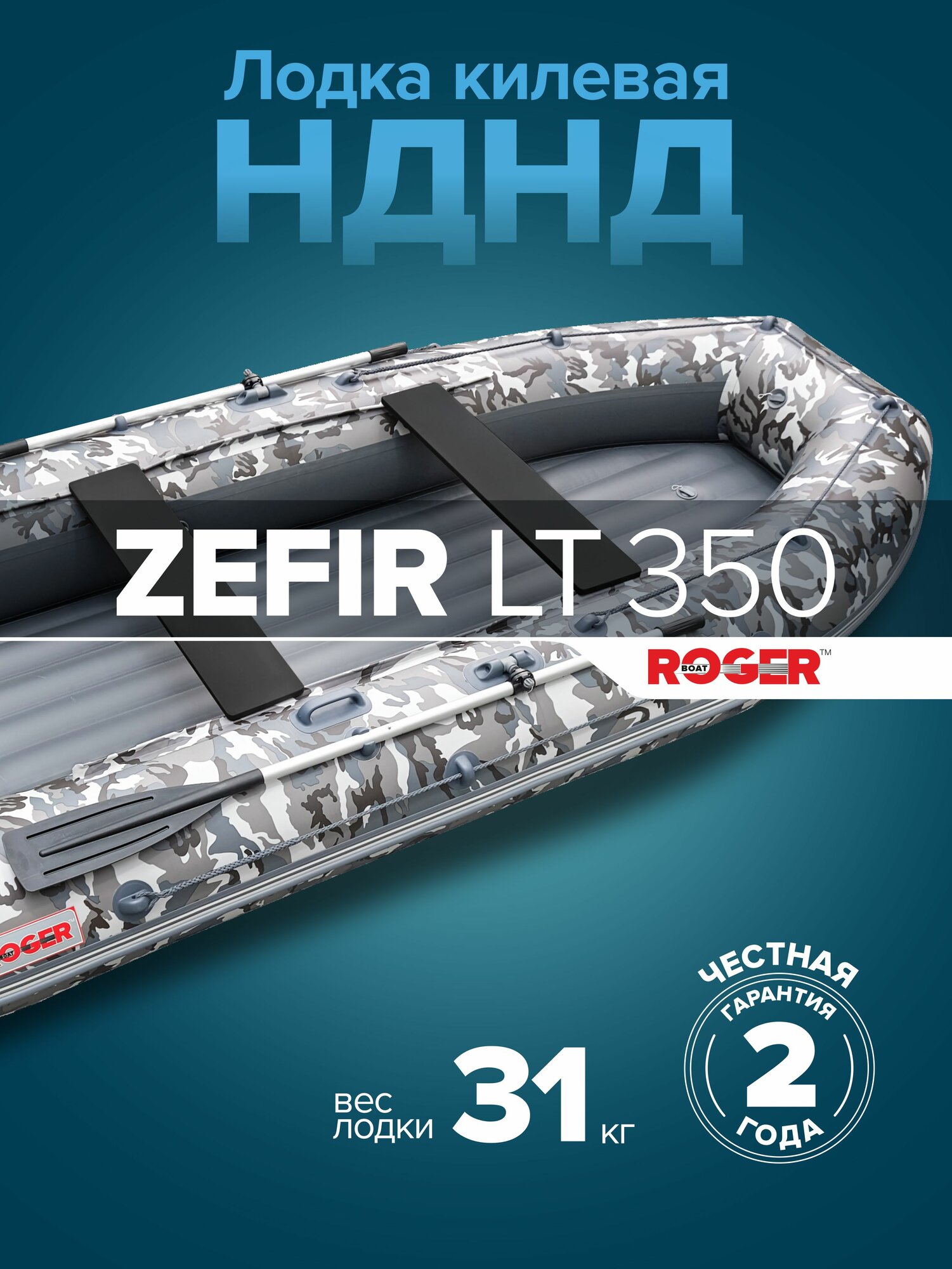 Лодка ПВХ под мотор ROGER Zefir 350 LT, лодка надувная для рыбалки роджер НДНД киль (камуфляж серый графит)