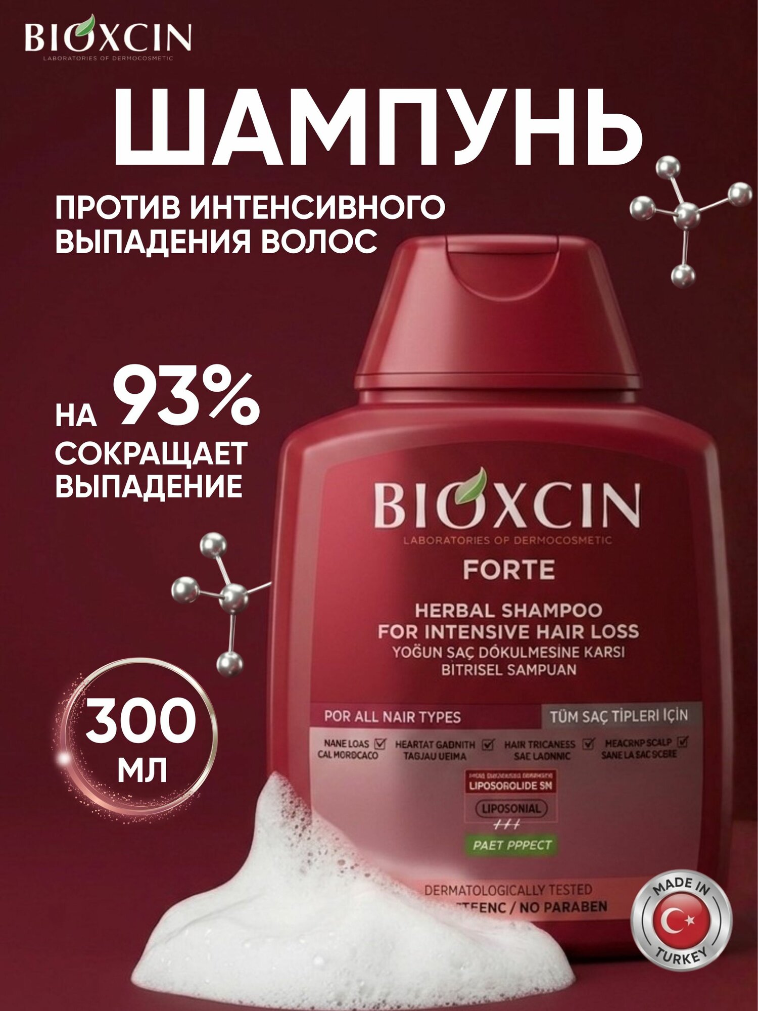BIOXCIN Шампунь против интенсивного выпадения волос, активатор роста волос, Forte, 300 мл