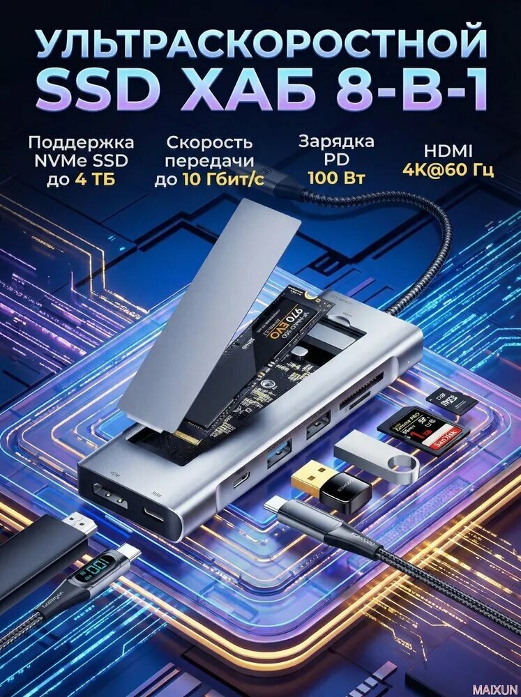 USB-концентратор 8-в-1 с корпусом M.2 NVMe/SATA, PD100W, 4K HDMI, USB-C 10Gbps, SD/TF