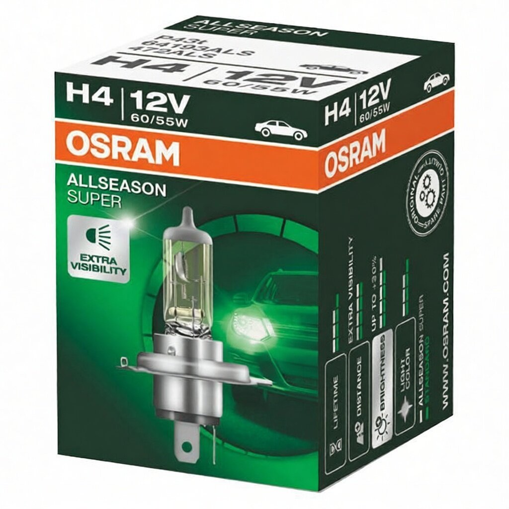 Лампа галогенная All Season Super H4 12V 60/55W P43t 3000K 64193ALS Osram арт. 64193ALS