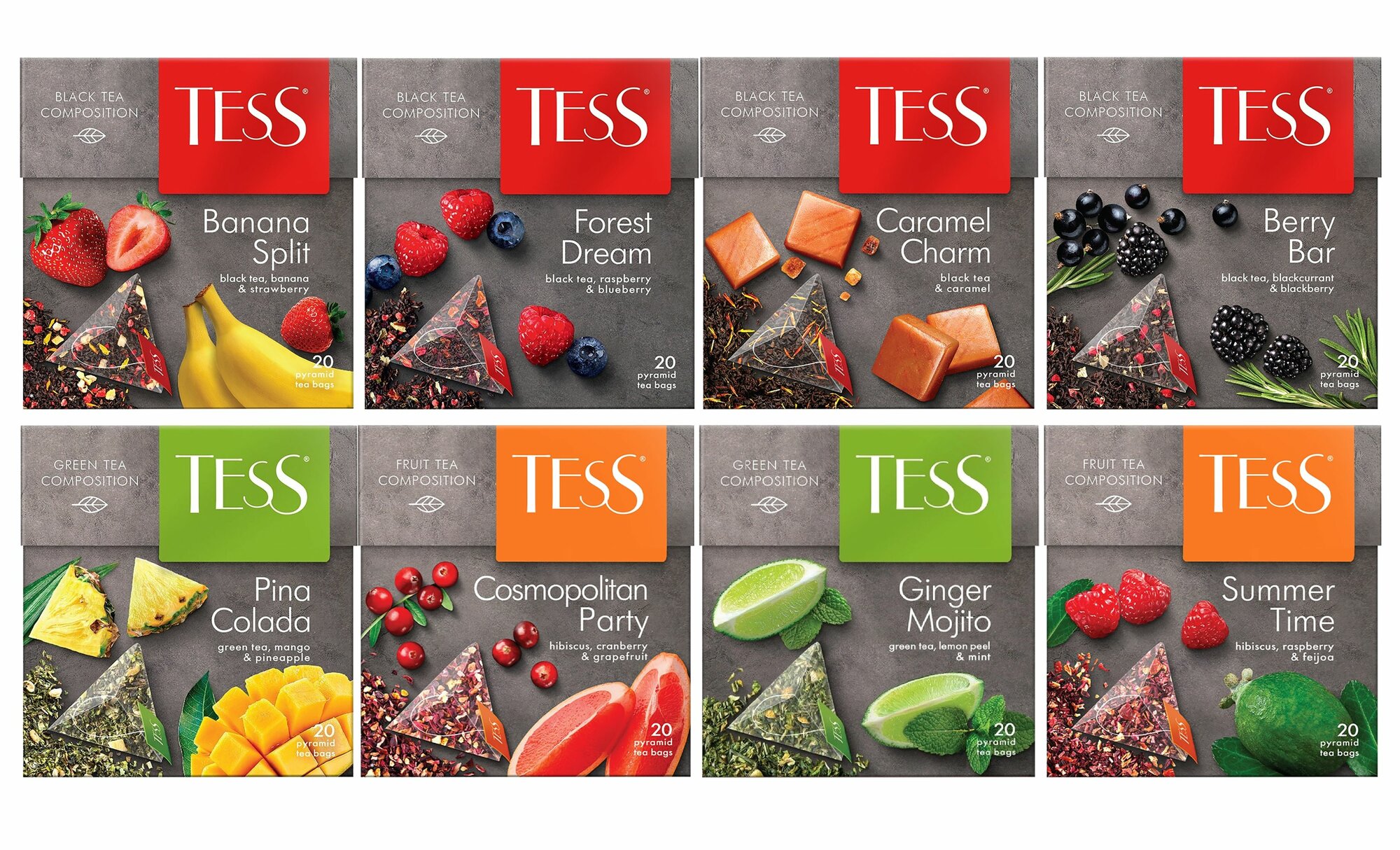 Чай в пирамидках Tess набор из 8 вкусов по 20 пакетиков