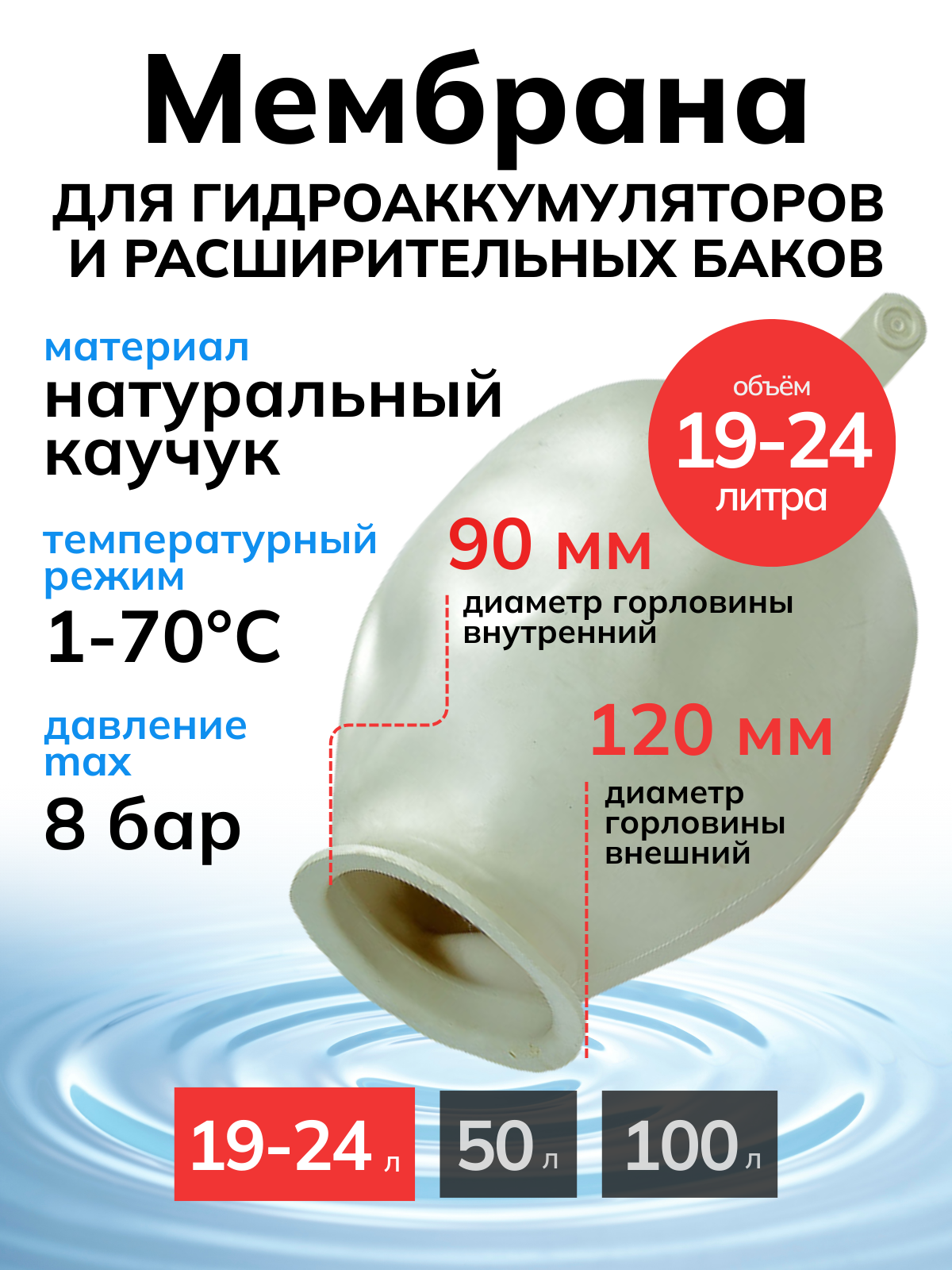 Мембрана для расширительных баков и гидроаккумуляторов РТ-24 литров белая (груша)