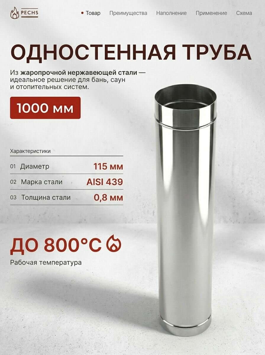 Труба для дымохода одностенная D115 мм, длина 1 метр, AISI 439, толщина стенки 0.8 мм