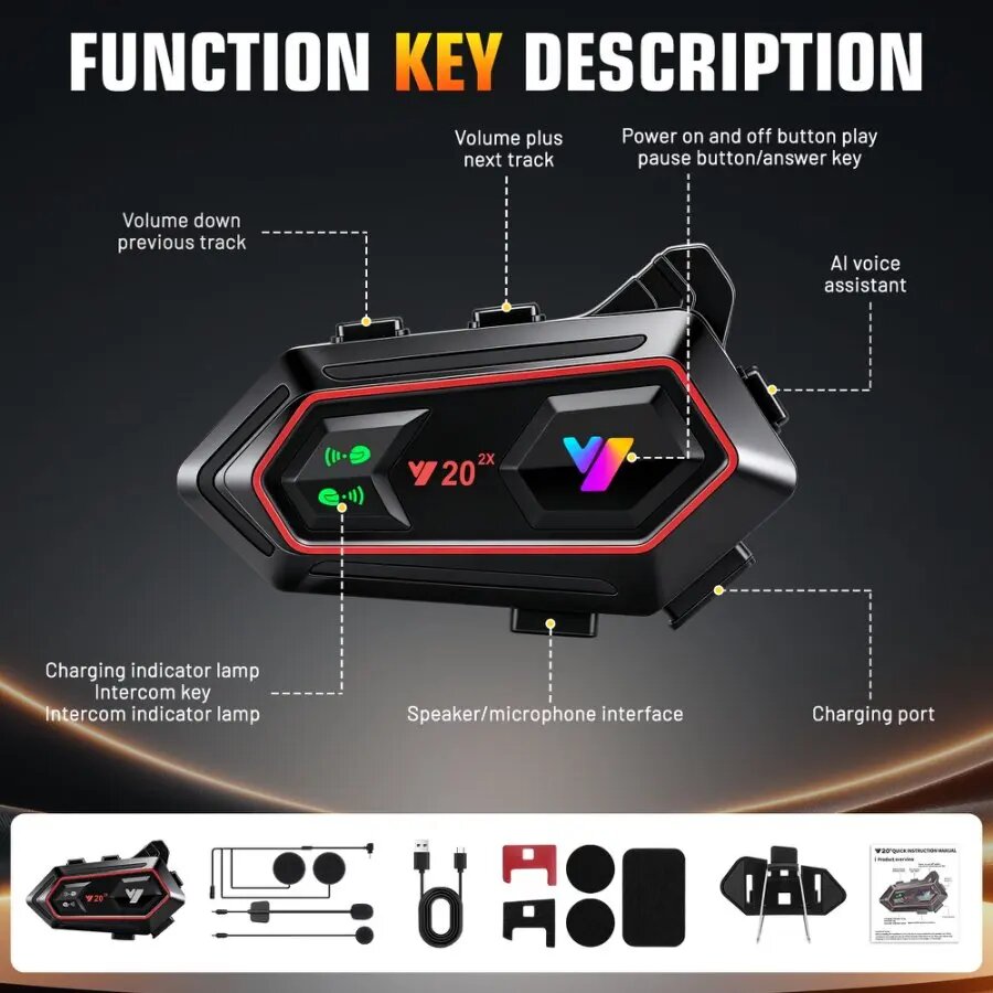 Y20 2X Мотоциклетная гарнитура для шлема, беспроводная Bluetooth-гарнитура, водонепроницаемая IPX6, для звонков в режиме громкой связи, мото-наушники