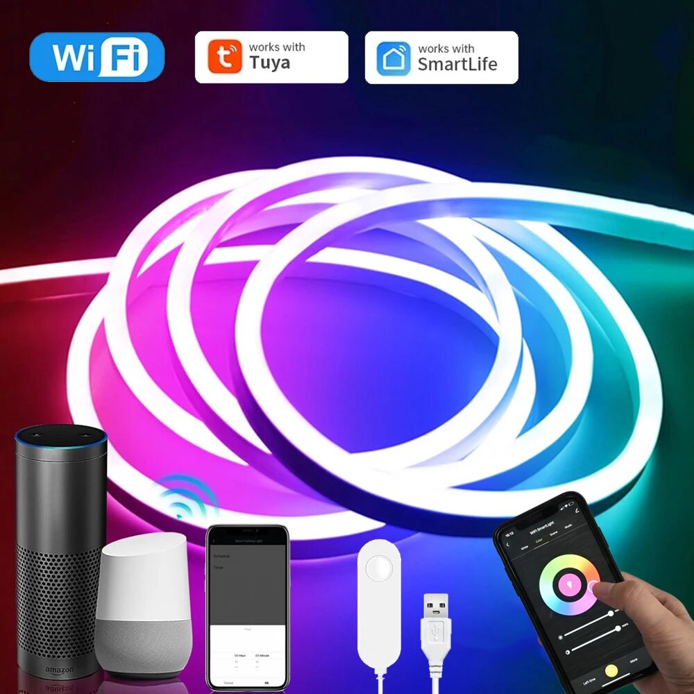 USB Tuya WiFi RGB неоновая светодиодная лента 5В 1м 2м, водонепроницаемая, с 1m Full Kit